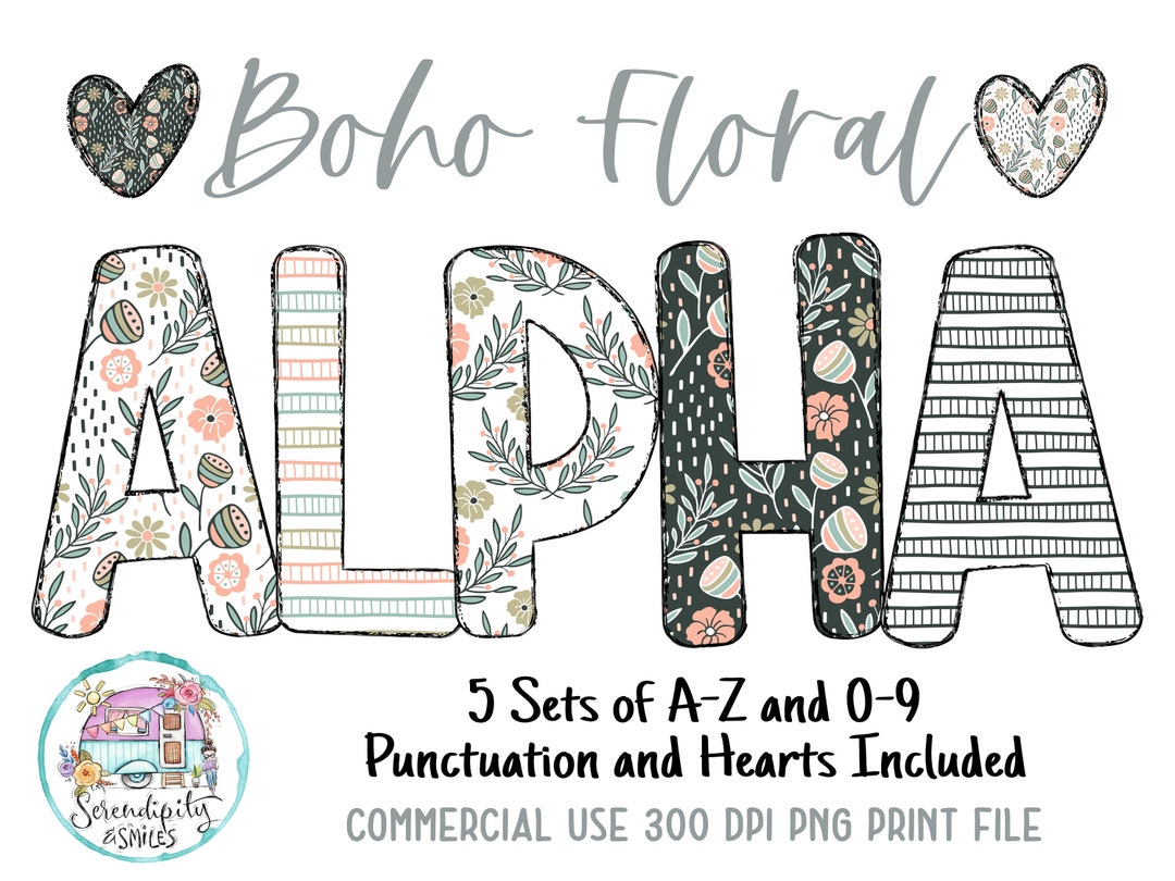 Boho Pastel Floral Doodle Alphabet Bundle - 5 Design Sets - PNG ...