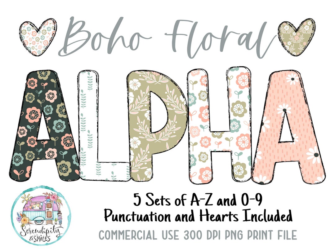 Boho Pastel Floral Doodle Alphabet Bundle 3 - 5 Design Sets - PNG ...