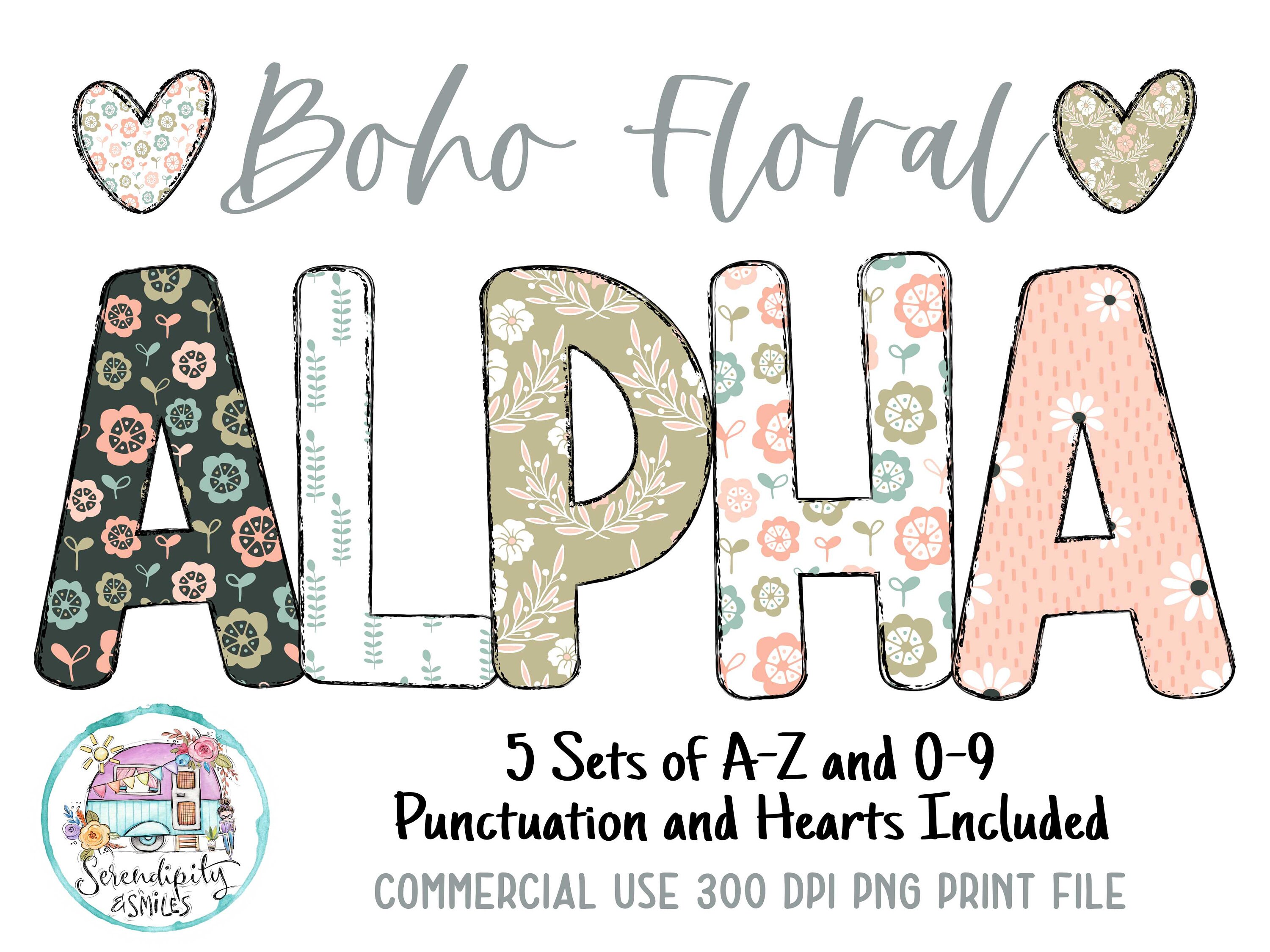 Boho Pastel Floral Doodle Alphabet Bundle 3 - 5 Design Sets - PNG ...