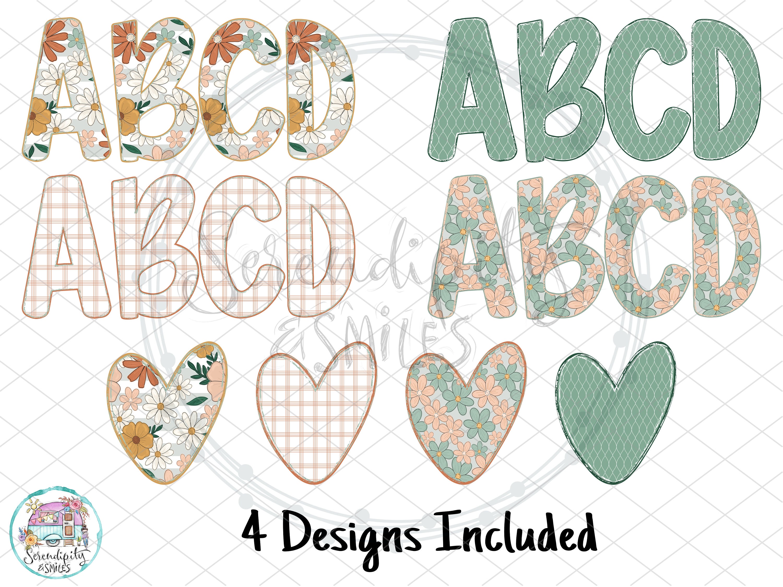 Boho Summer Blooms Doodle Alphabet Bundle 2 - 4 Letter Sets - PNG ...