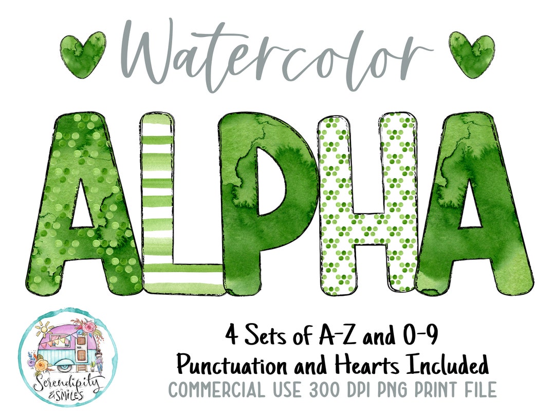 Green Watercolor Doodle Alphabet Set - Accessories Included - PNG ...