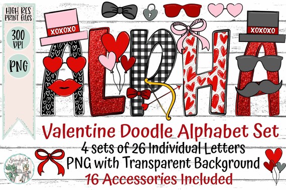Valentine Doodle Alphabet Set Accessories Included PNG | Etsy