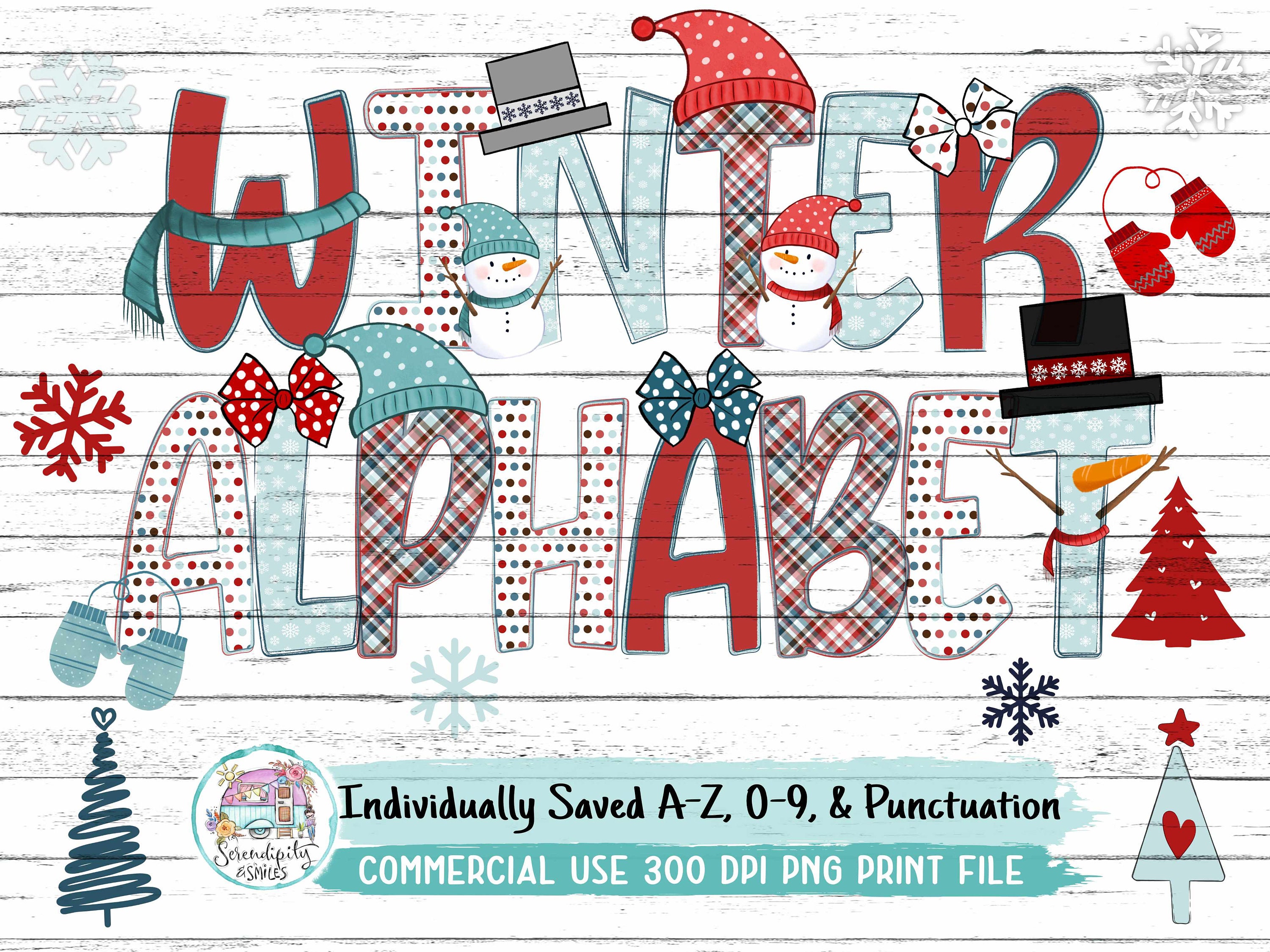 Winter Doodle Alphabet - Number - Punctuation - Hand Drawn Clipart ...