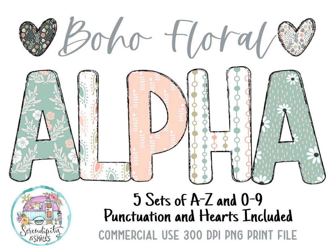 Boho Pastel Floral Doodle Alphabet Bundle 2 - 5 Design Sets - PNG ...