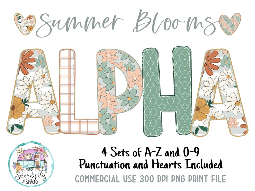 Boho Summer Blooms Doodle Alphabet Bundle 2 - 4 Letter Sets - PNG ...