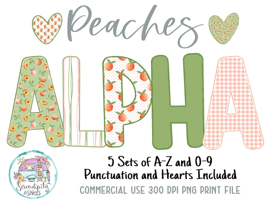 Peaches Doodle Alphabet Bundle 2 - 5 Design Sets - PNG - Sublimation or ...