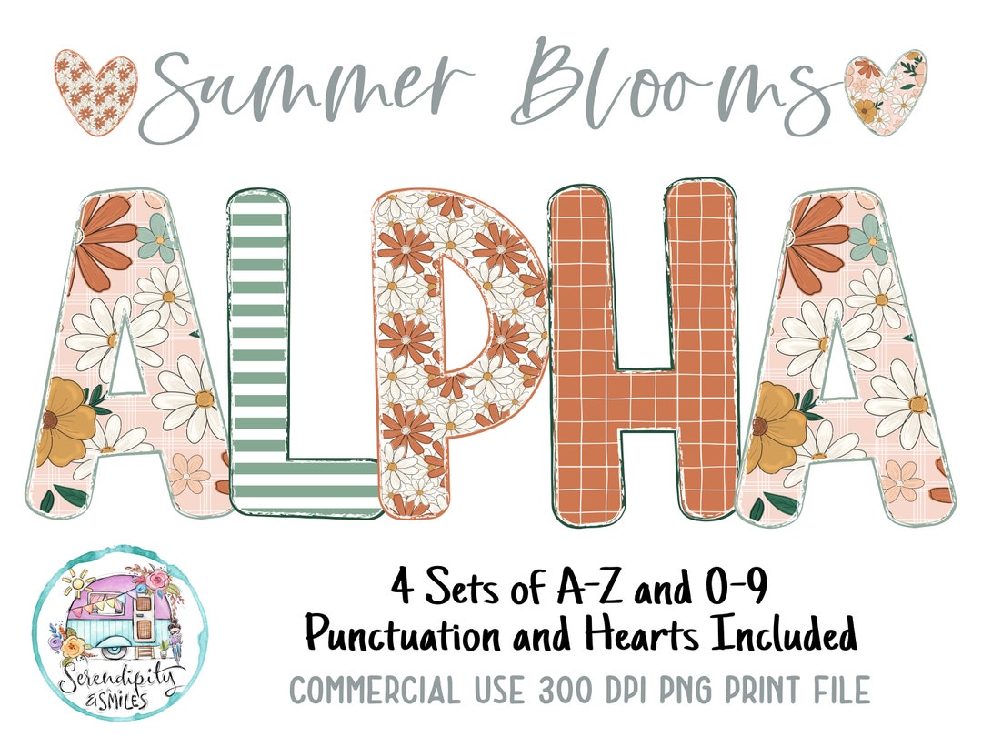 Boho Summer Blooms Doodle Alphabet Bundle 3 - 4 Letter Sets - PNG ...