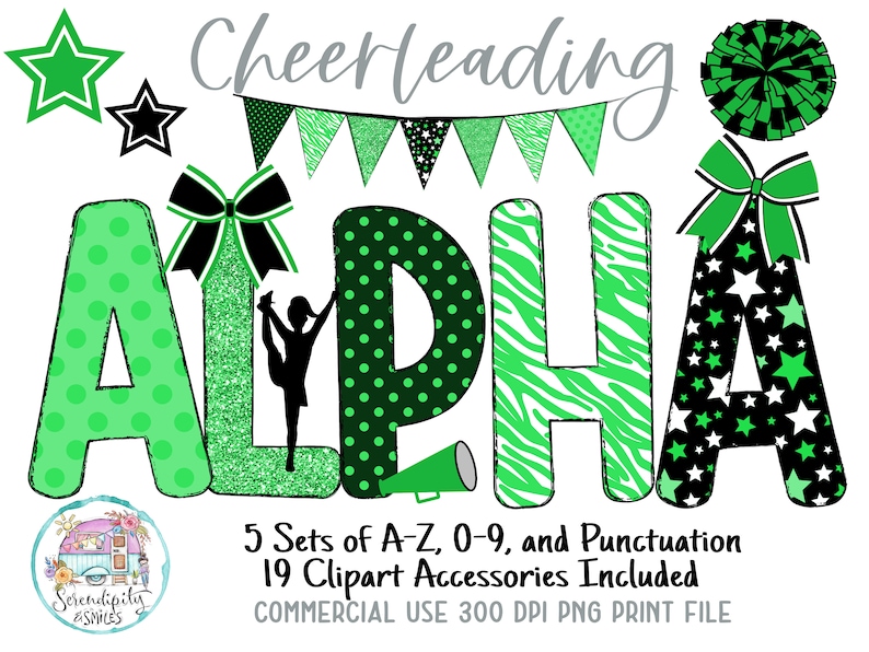 Cheerleading Doodle Alphabet Set - Green and Black - Accessories ...