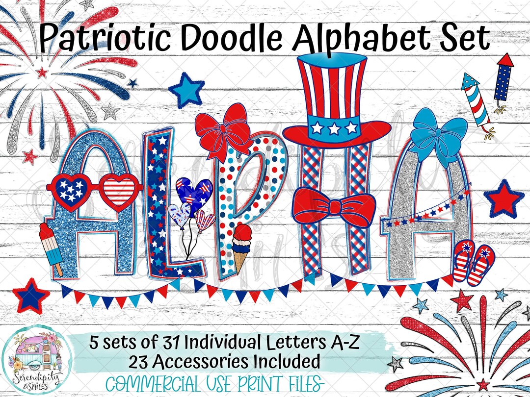 Patriotic Doodle Alphabet Set - Clipart Accessories Included - PNG ...