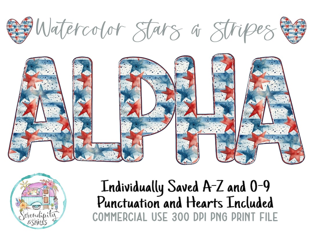 Watercolor Stars and Stripes Doodle Alphabet Bundle - 5 Design Sets ...