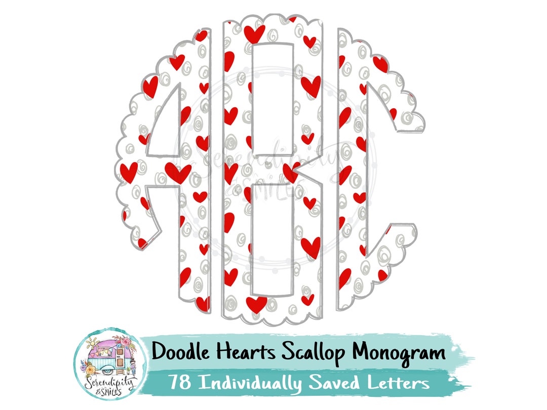 Valentine Hearts Doodle Scallop Monogram Alpha Set - PNG - Sublimation ...