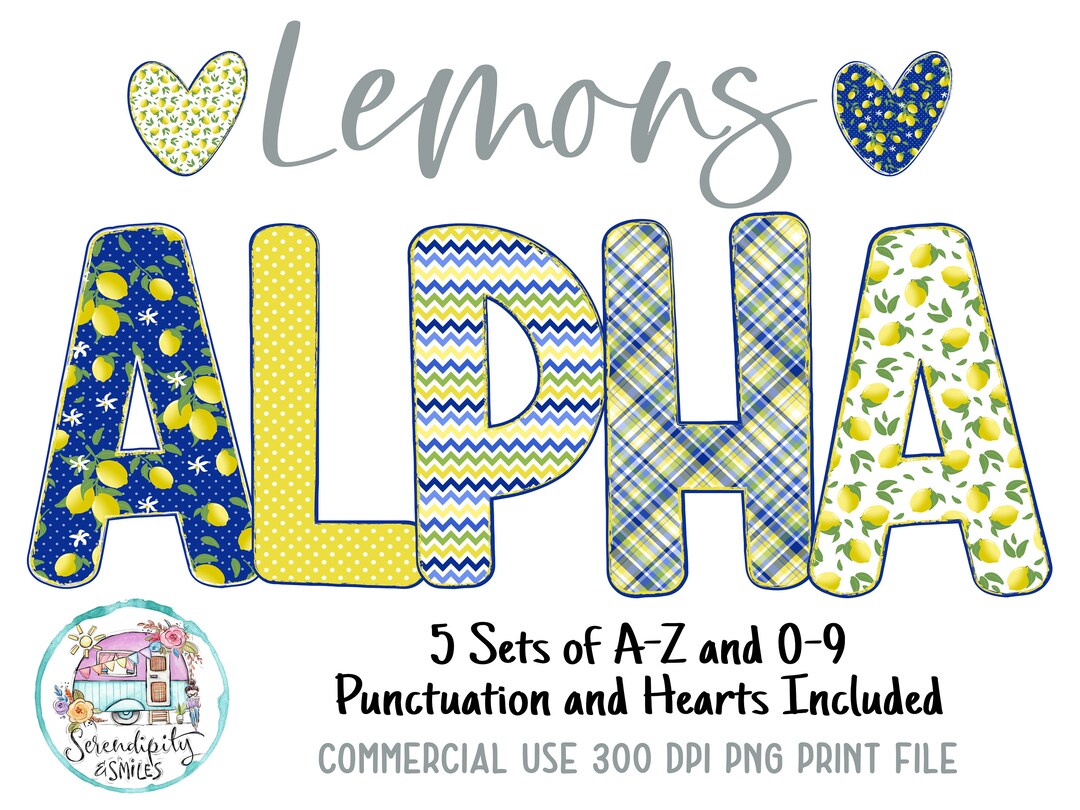 Lemons - Blue and Yellow Doodle Alphabet Bundle - 5 Design Sets - PNG ...