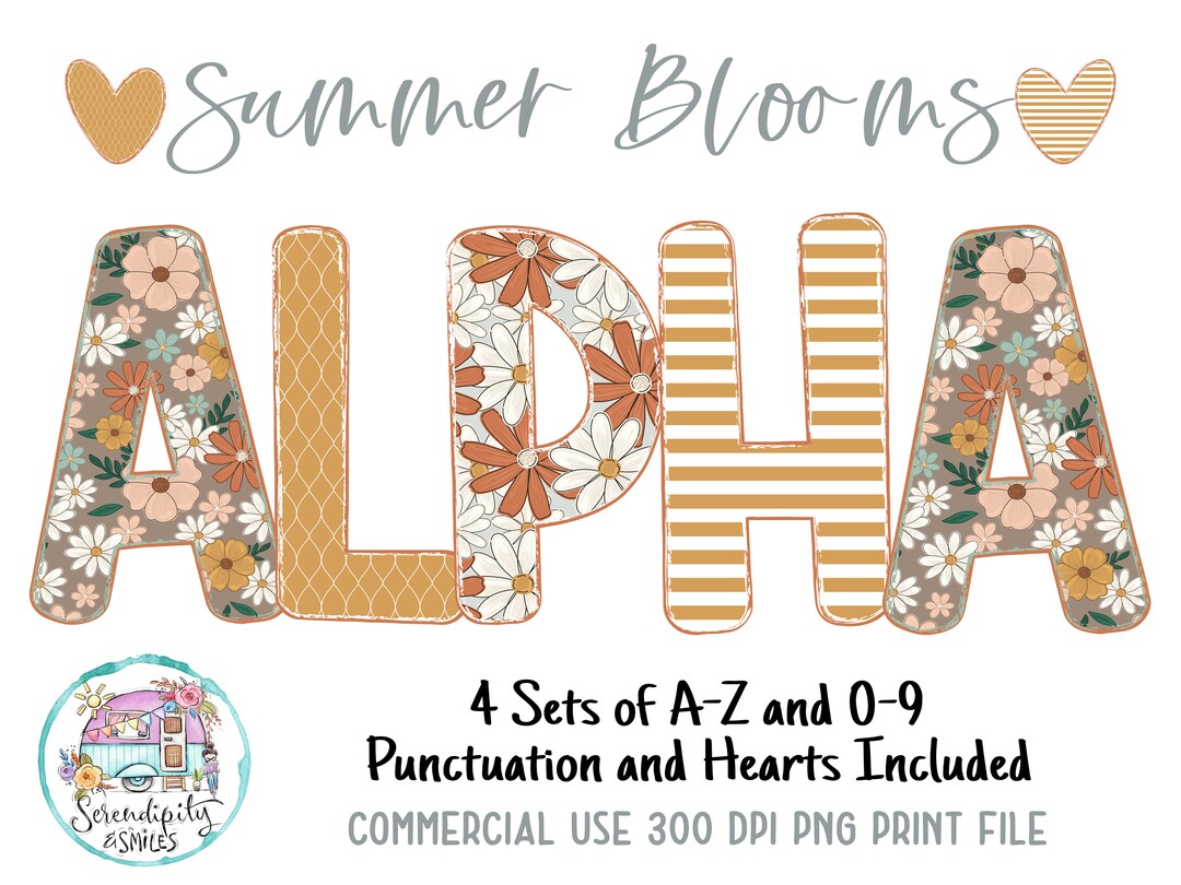 Boho Summer Blooms Doodle Alphabet Bundle 1 - 4 Letter Sets - PNG ...