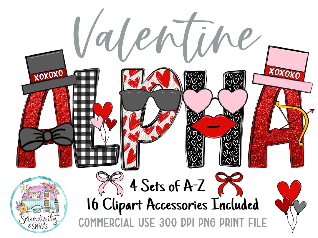 Valentine Doodle Alphabet Set - Accessories Included - PNG ...