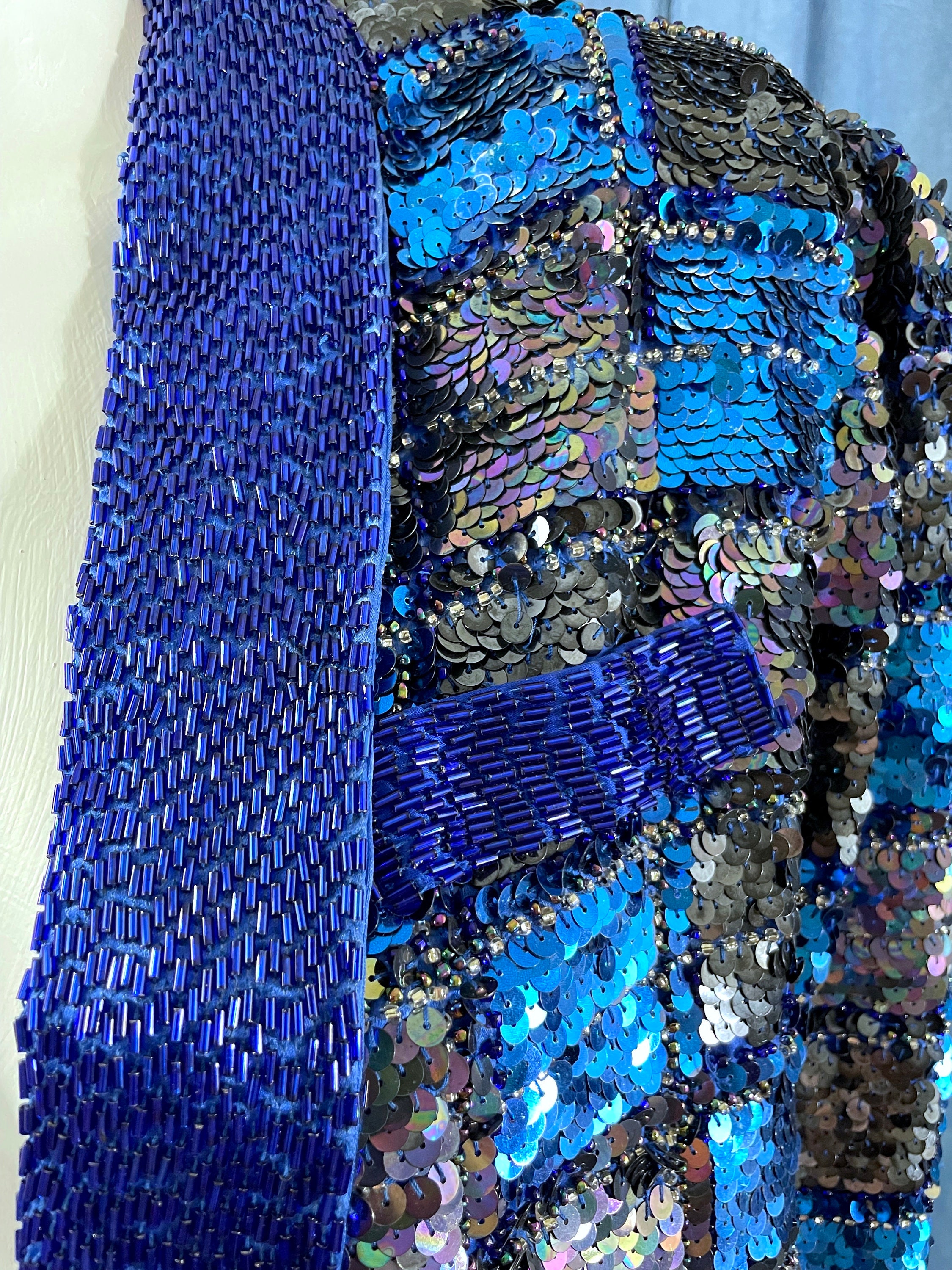 Vintage 1980's Blue Sequin Tuxedo Jacket 100% Silk Evening Wear Size ...