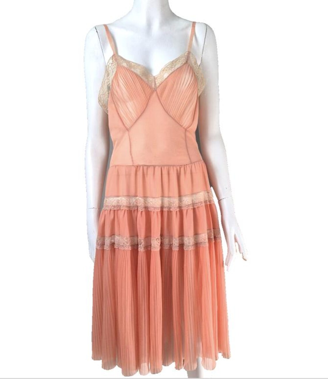 Vintage Apricot Peach Dress 1950's Romantic Petticoat Nylon Lace Tiered ...