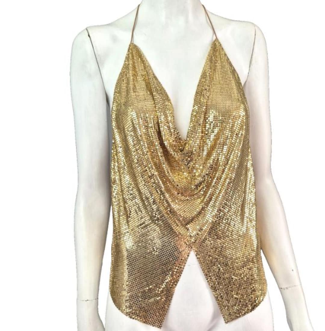 Vintage Top 1970's Glomesh Style Park Lane Metal Disco Halter One Size ...