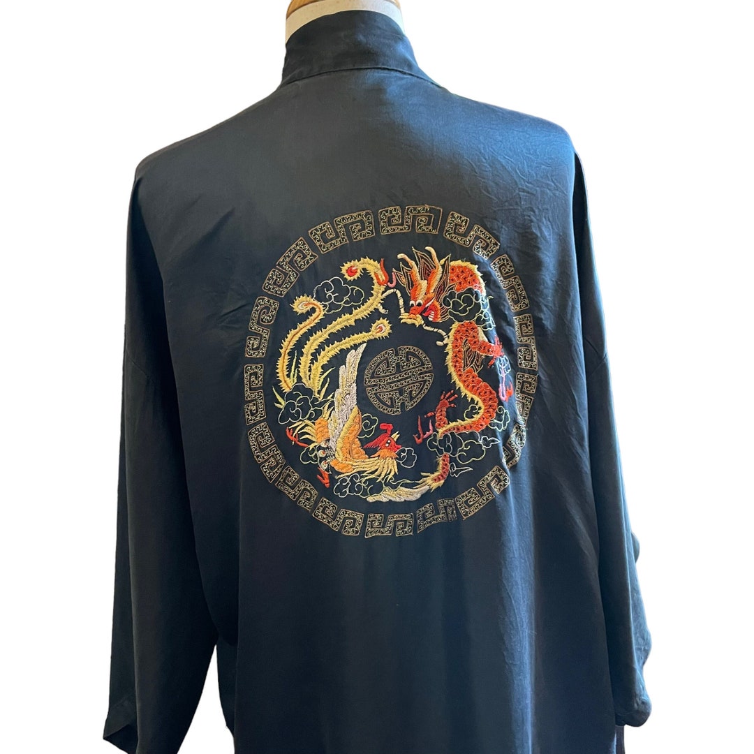 Vintage Chinese Bath Robe Dragon Embroidery With Pockets Pure Silk ...