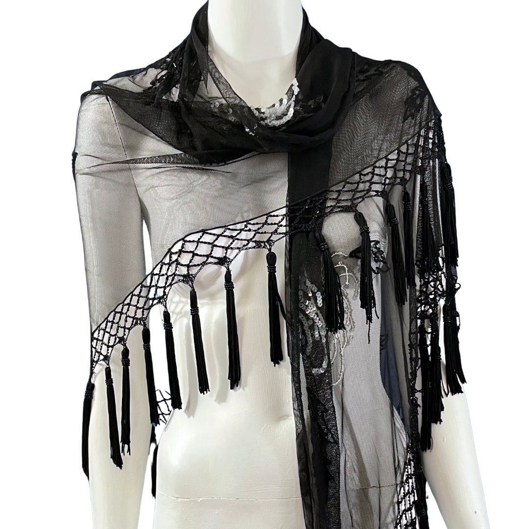 Vintage Black Tulle Shawl Scarf 1980's Evening Sequins Beading Fringed ...