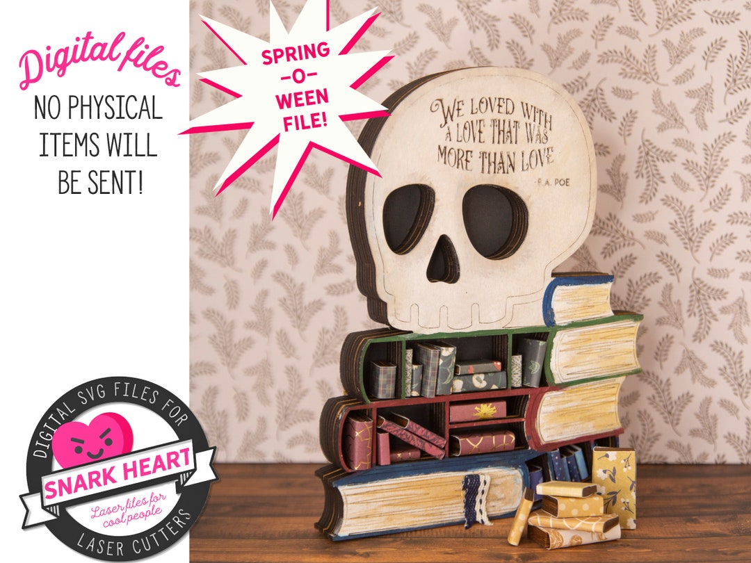 Skull and Book Miniature Bookshelf Cut File for Glowforge Laser, Poe Mini Book Case, Gothic Gift ...