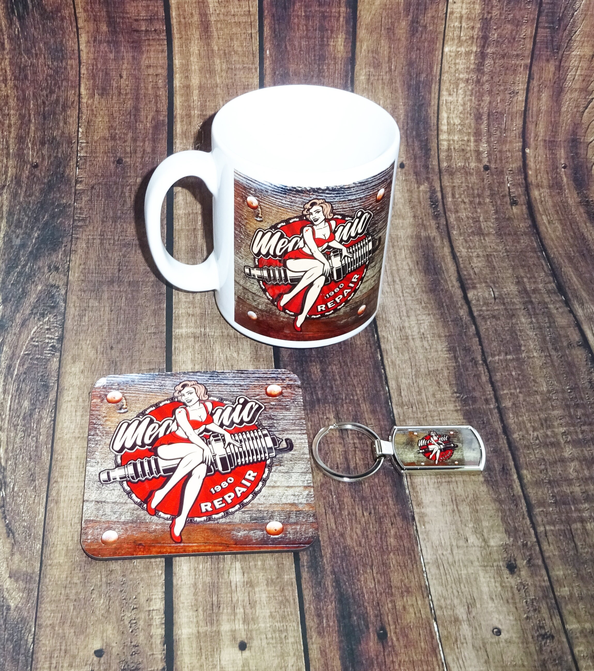 Ideal Gift Pin up Girl Gift Set Mechanic Mug Coaster Key Ring Gift Set ...
