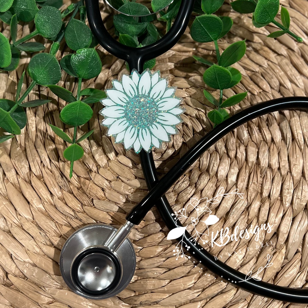 Stethoscope ID Tag, Blue Sunflower ID Tag, Glitter Stethoscope Tag ...