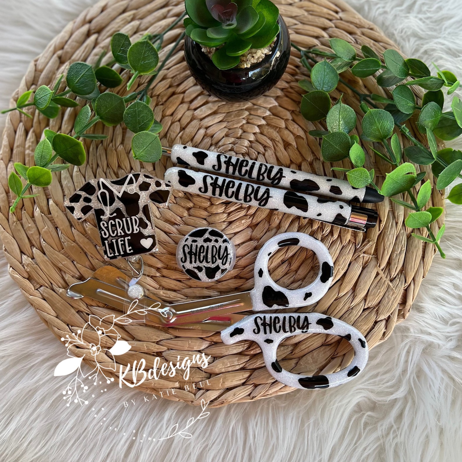 Personalized Cow Print Medical Set, Nurse Set, Glitter Medical Shears ...