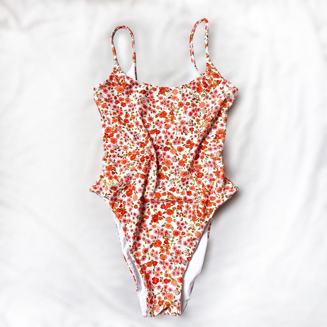 Orange & White Floral One Piece Swimsuit / Women's One Piece Swimsuit ...
