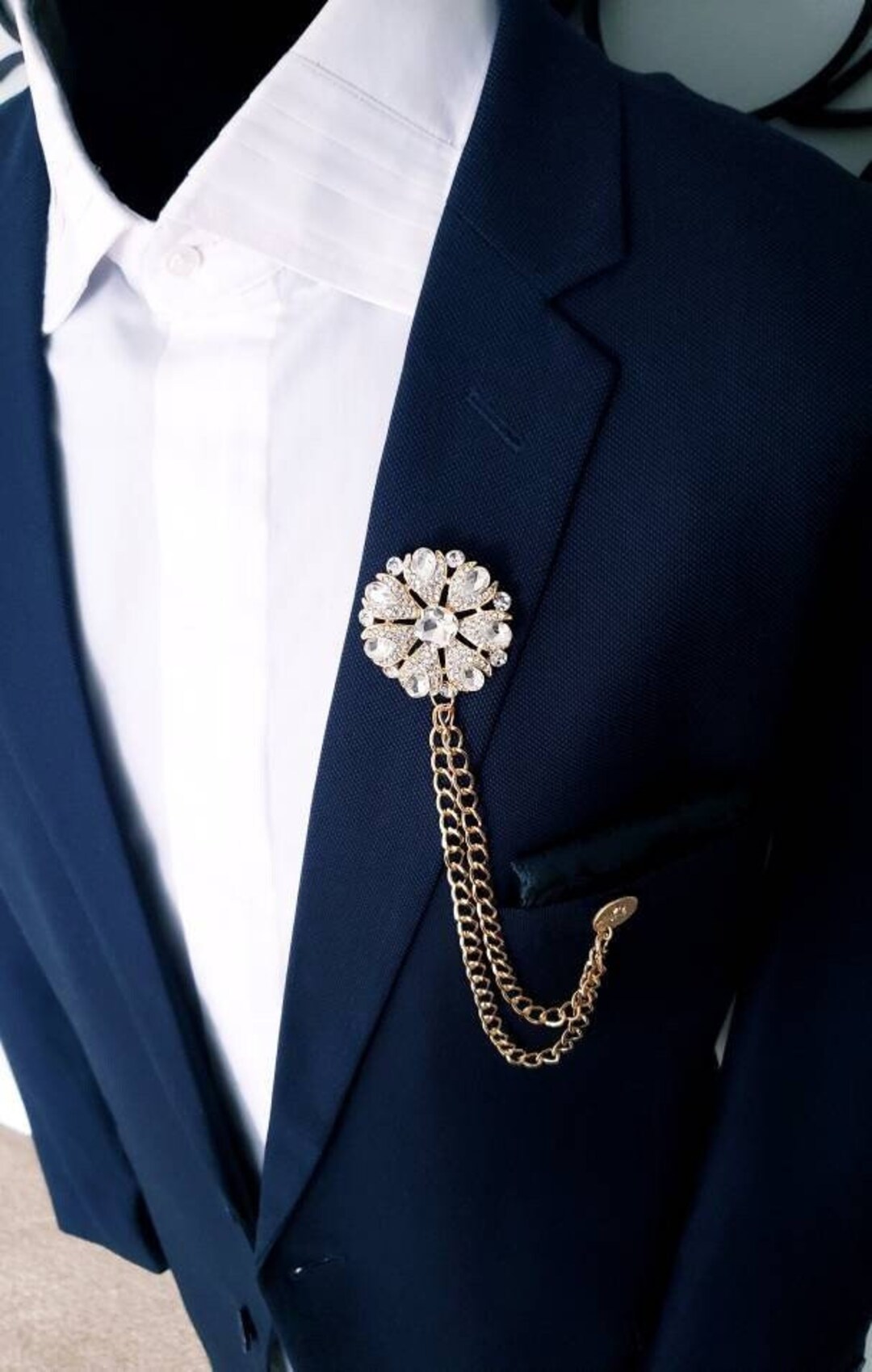 Elegant Crystal Lapel Pin Badge With Gold Chains Brooch Pin - Etsy