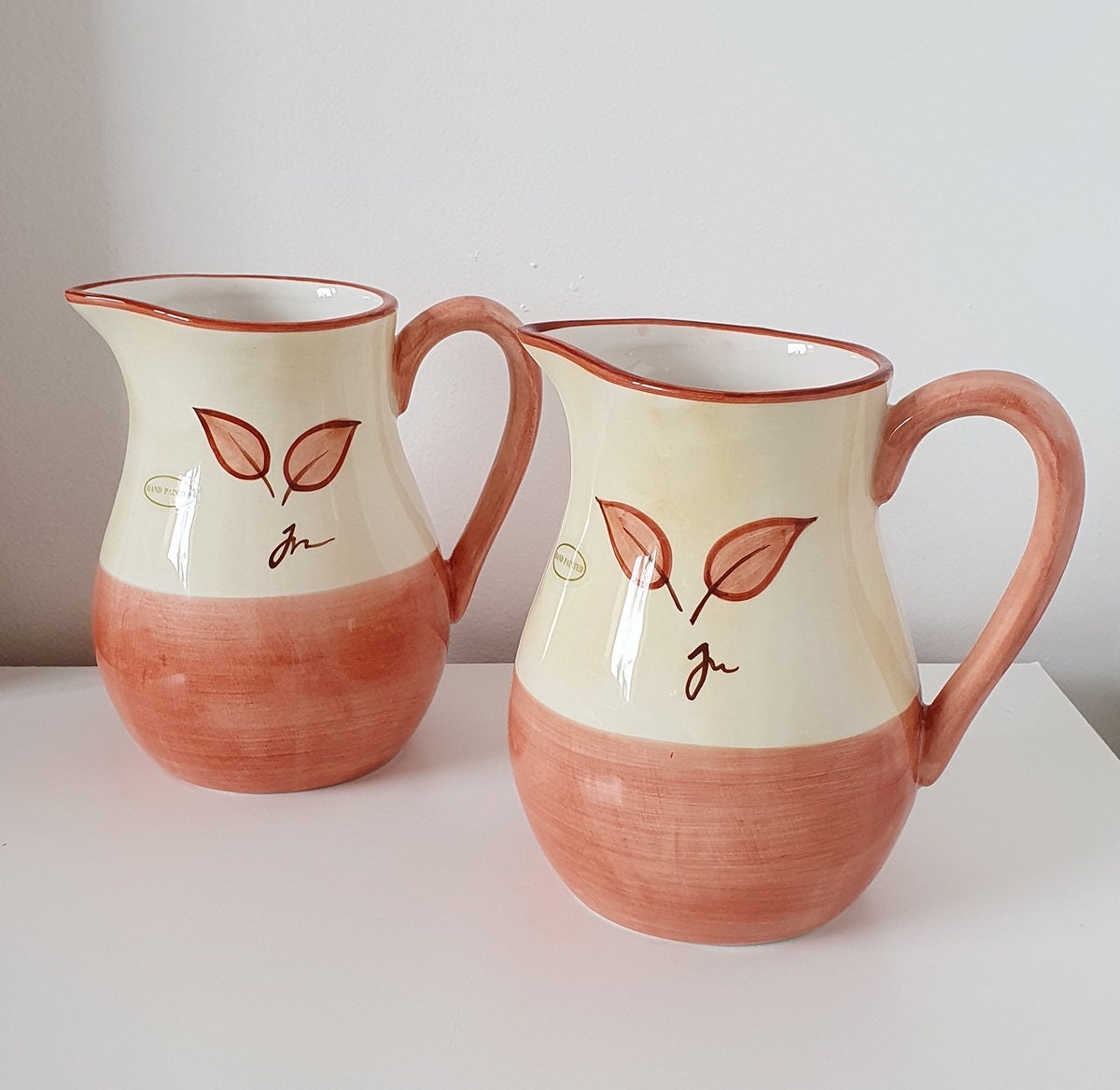 Set of Two Hand Painted Leaf Design Ceramic Jugs | Etsy