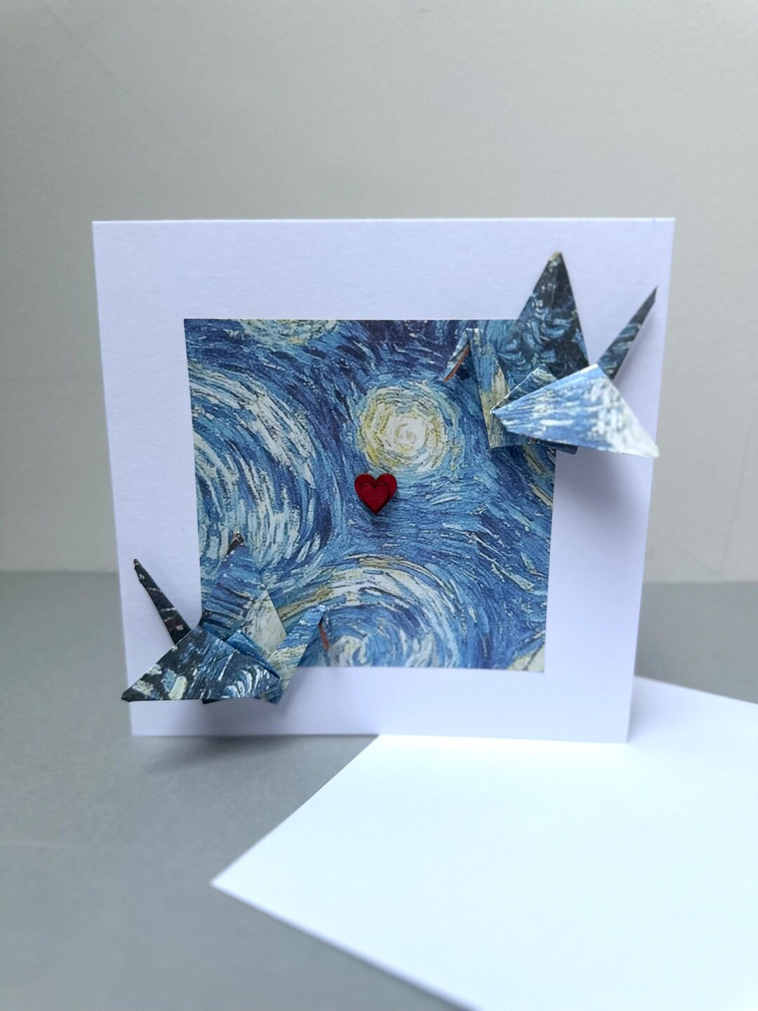 Van Gogh Starry Night Card: Origami Cranes & Wooden Heart - Etsy
