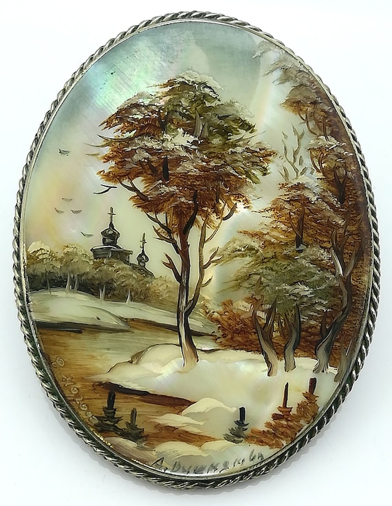 Mother of Pearl Hand Painted Vintage Brooch Fedoskino Lacquer Miniature Etsy