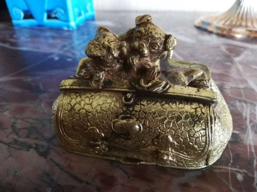 Antique Double Stamp Holder Box Bronze French Bulldog End 19 Century C ...