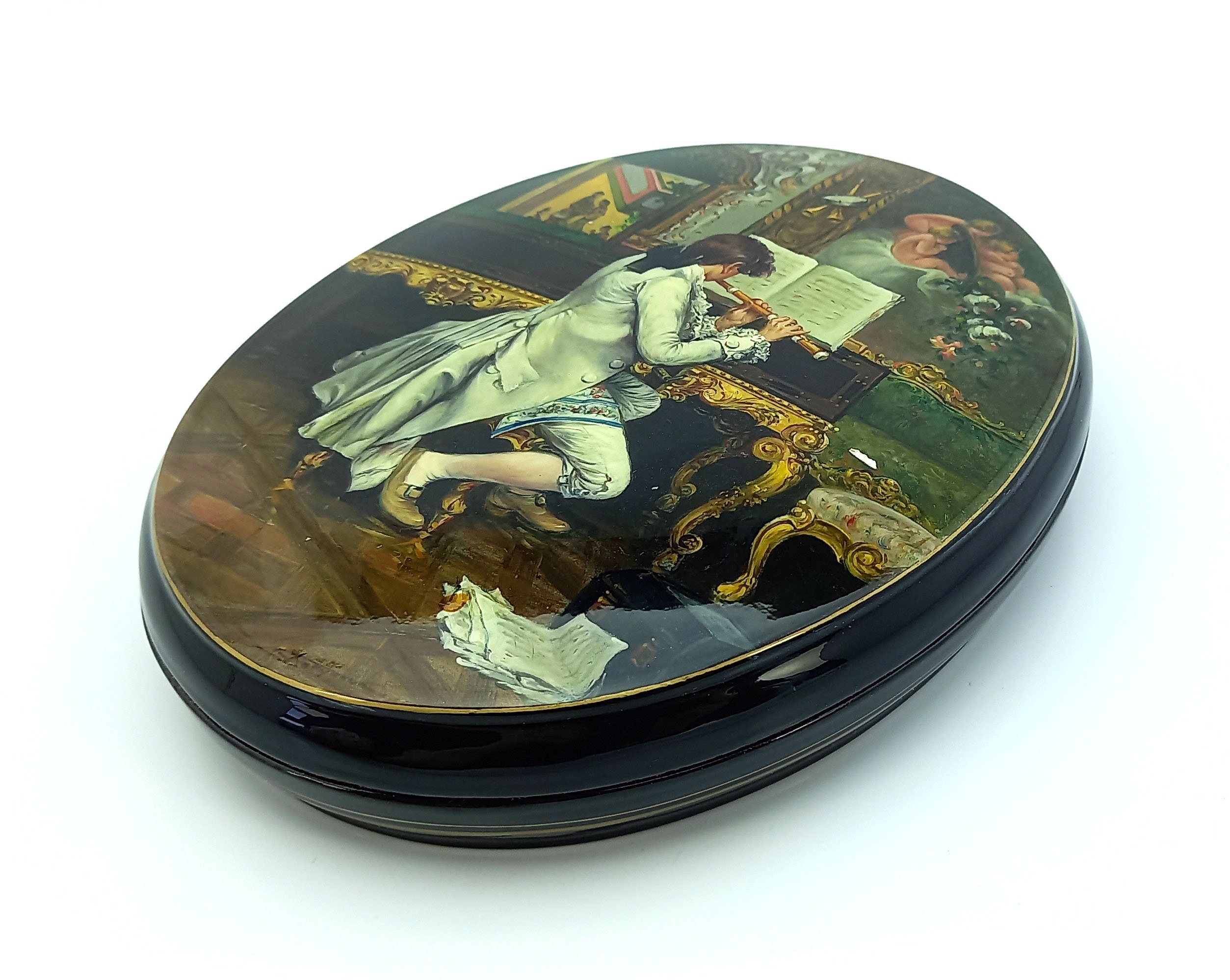 Russian Lacquer Box Fedoskino, Large Oval Lacquer Miniature Musician ...