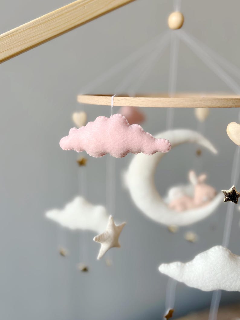 Felt Bunny Moon Baby Mobile | Pink Clouds, Stars Nursery Decor - Etsy