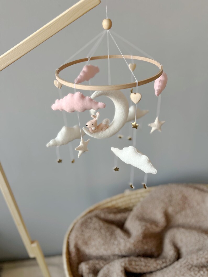Felt Bunny Moon Baby Mobile | Pink Clouds, Stars Nursery Decor - Etsy