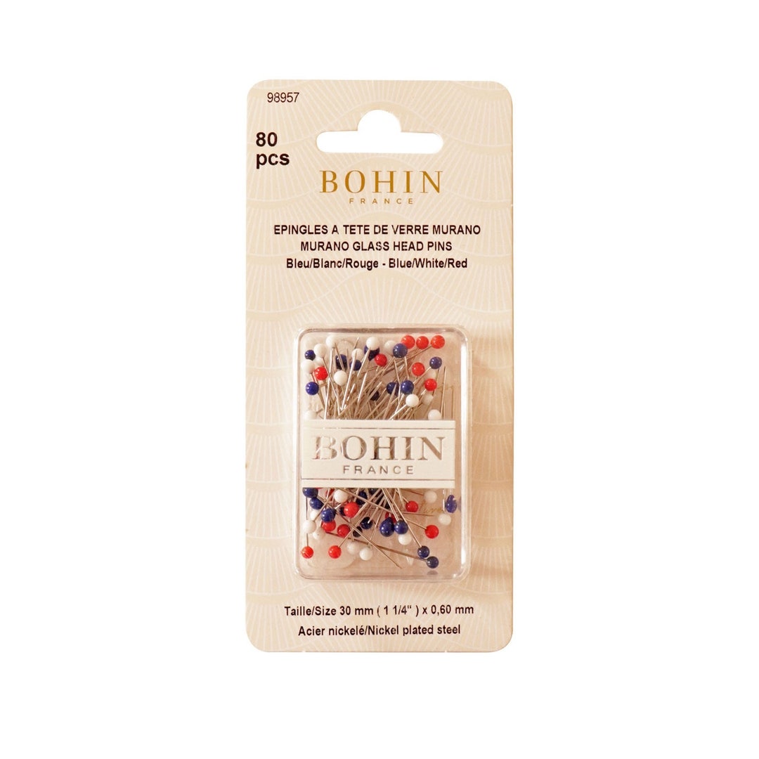 Bohin of France Murano Glass Head Pins (pack of 80)- Blue/ Red/ White ...