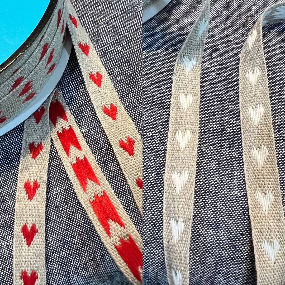 Red or White Hearts on Linen Blend Trim- 11MM or 0.4 Inches- 3 YD MIN ...
