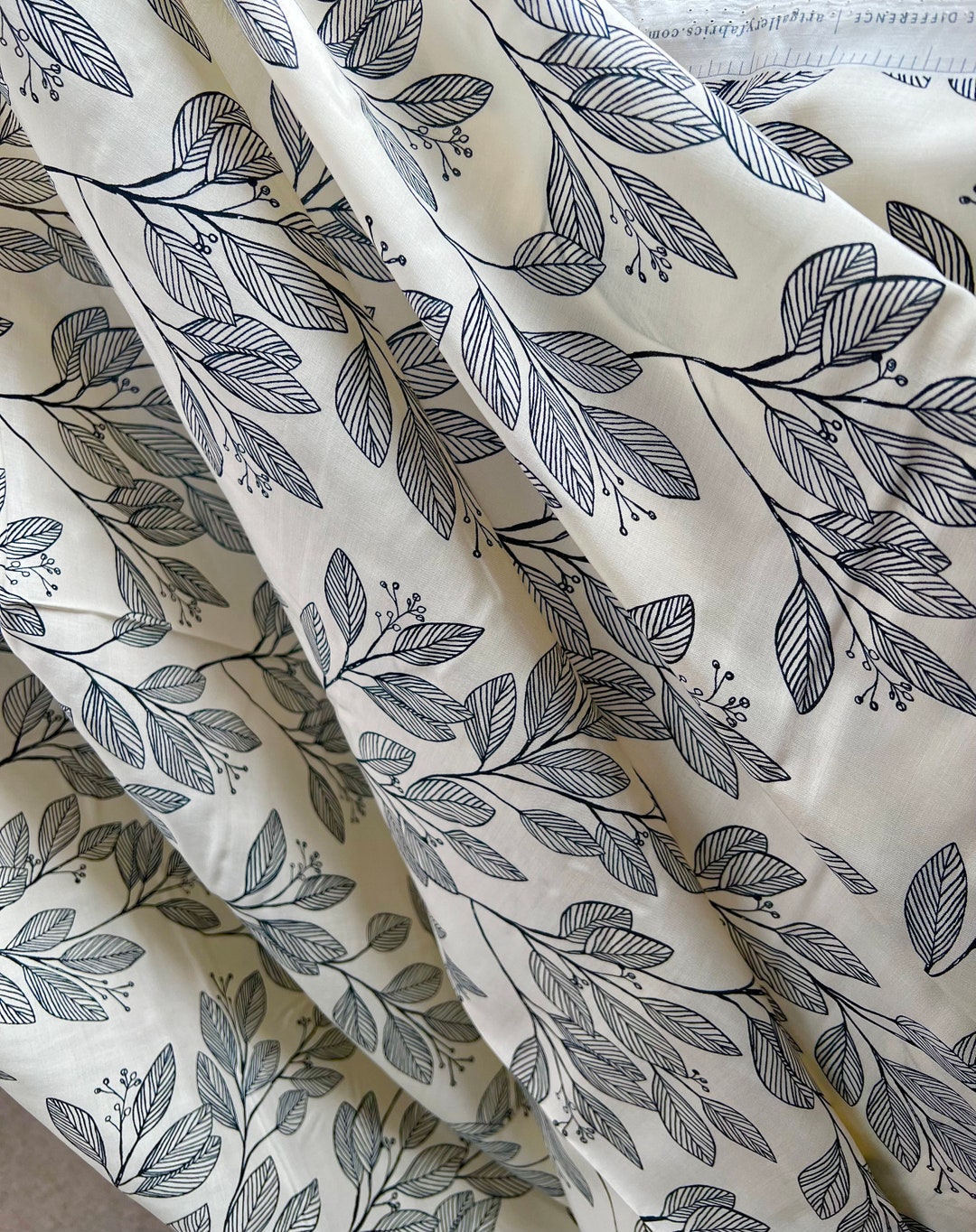 Botanical, Leaves on Ecru "laurel Daring" Rayon Challis Fabric- Art ...