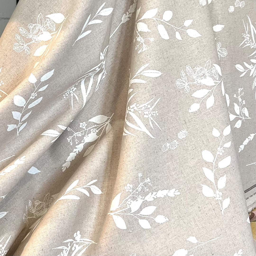 Linen Cotton Blend Fabric- off White Botanical Print on Beige- 58 ...