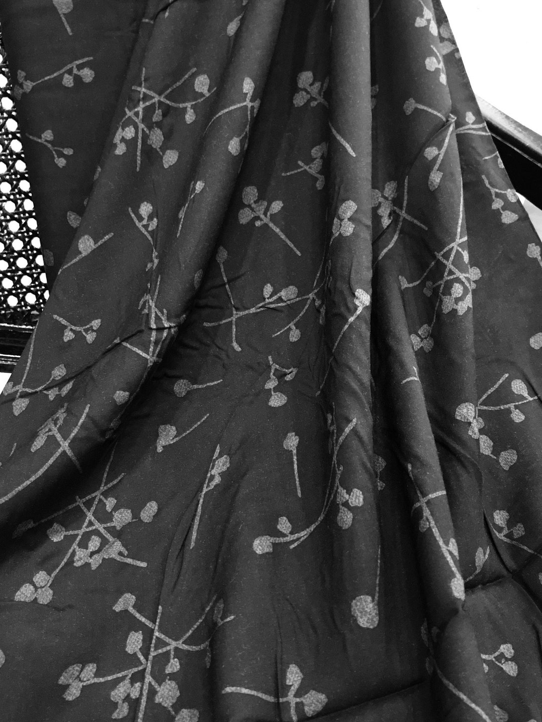 Gray Botanical on Black "buttonballs Somber" Rayon Challis Fabric - Etsy