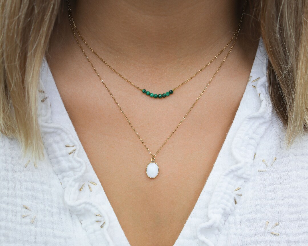 Double Row Necklace With Mother-of-pearl Pendant and Natural Stone ...