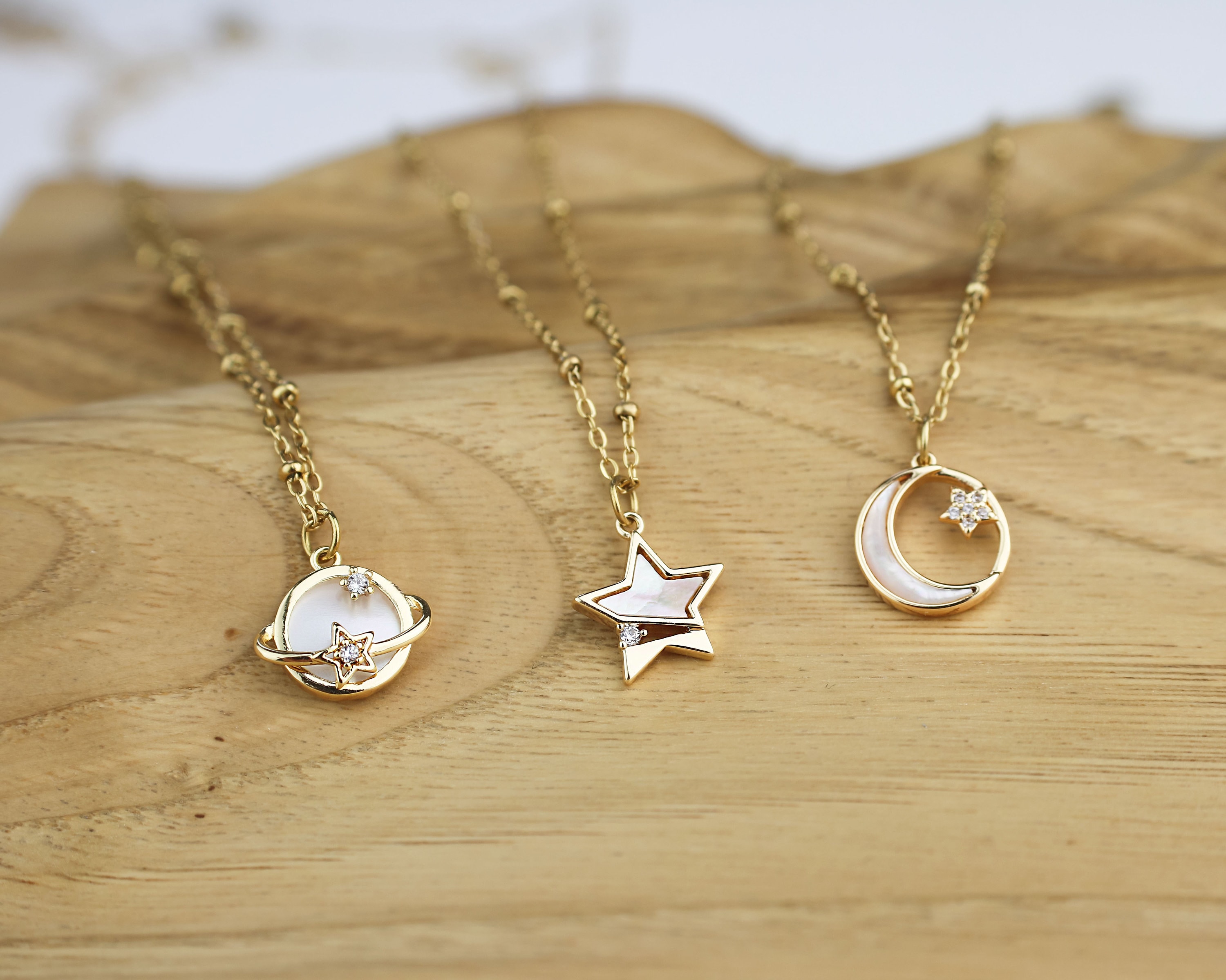 Saturn Planet Necklace, Star Necklace, Moon Necklace With Mother of ...