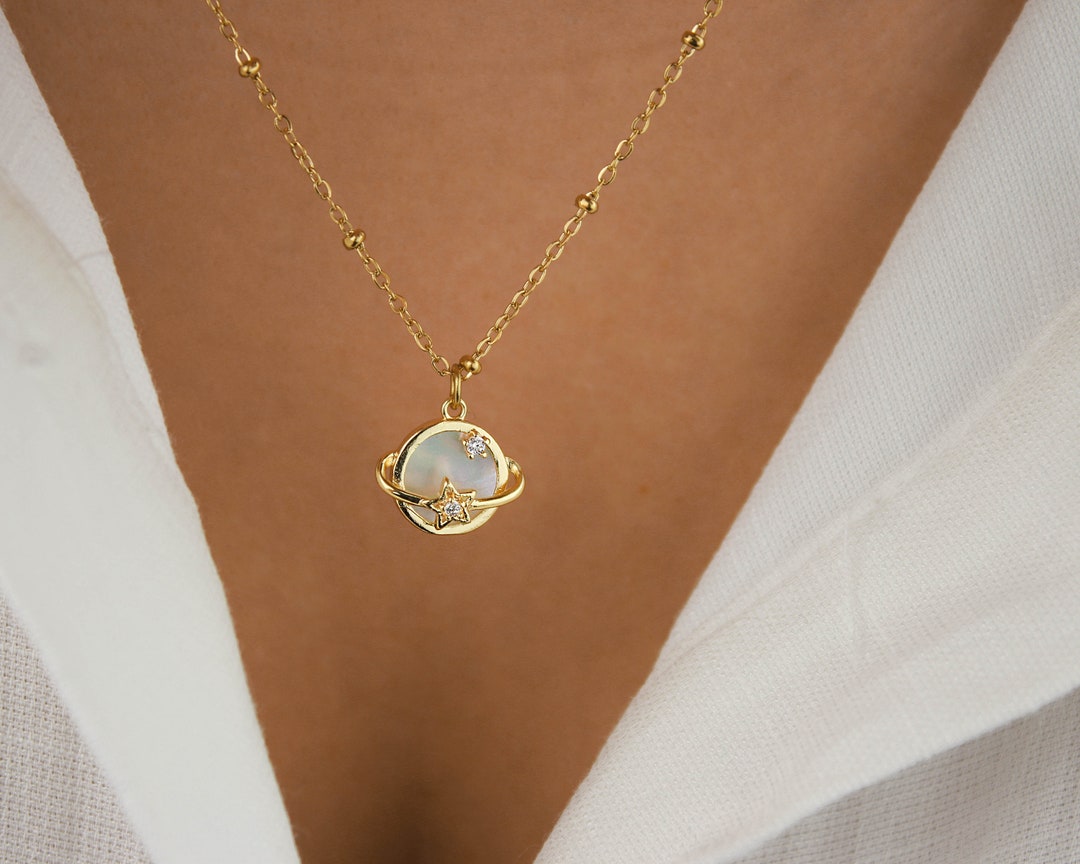 Saturn Planet Necklace, Celestial Necklace With Mother of Pearl Stone ...