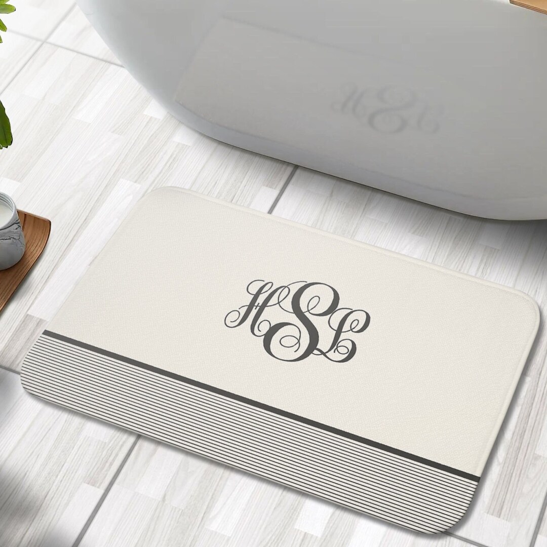 Monogrammed Bath Mat, Personalized Farmhouse Striped Bath Mat, Custom ...