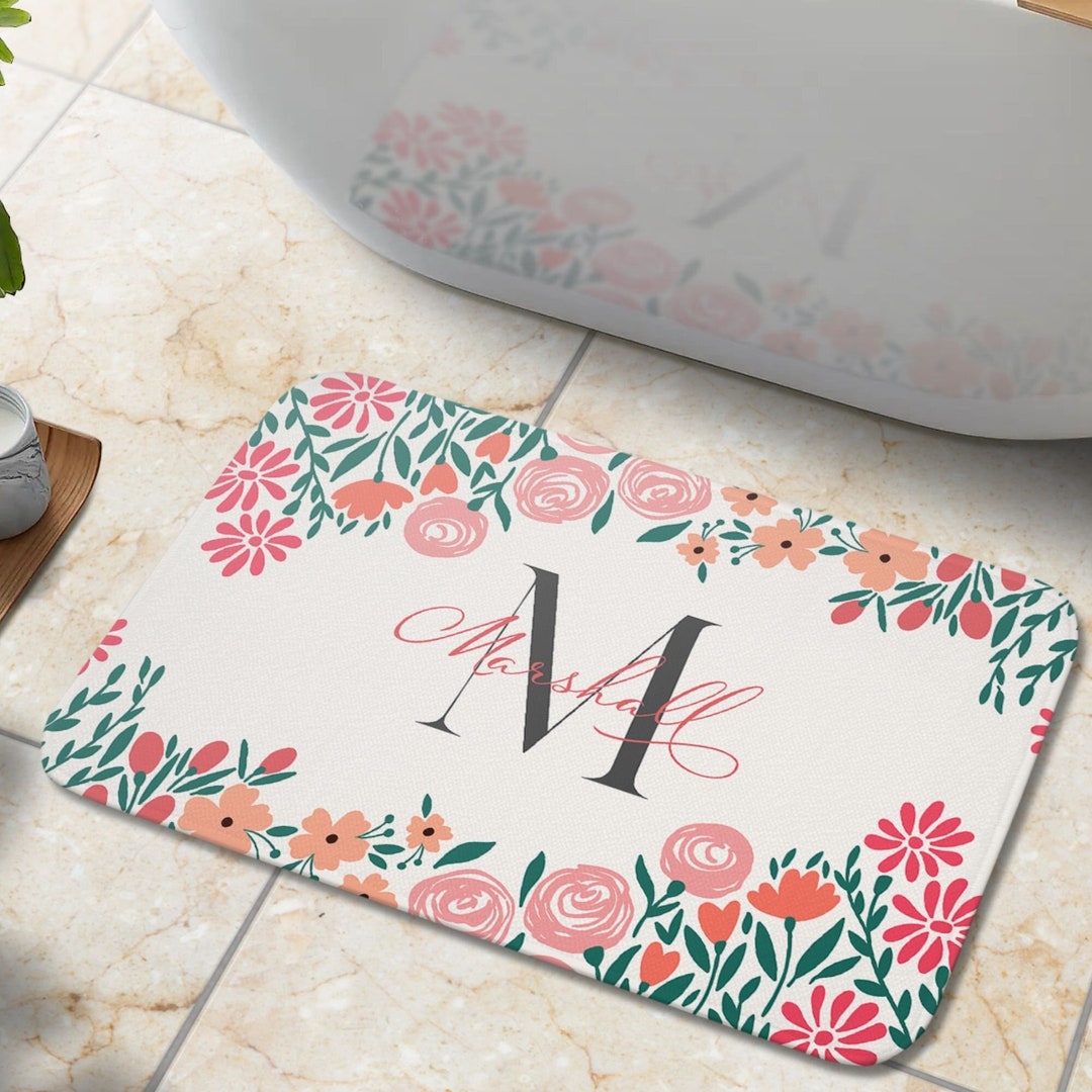 Meadow Monogrammed Bath Mat, Personalized Botanical Floral Bath Mat ...