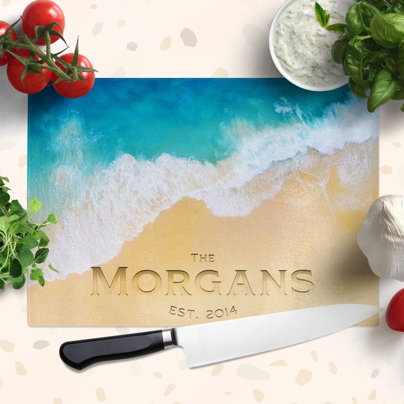 Personalized Ocean Beach Tempered Glass Cutting Board, Custom Monogram ...