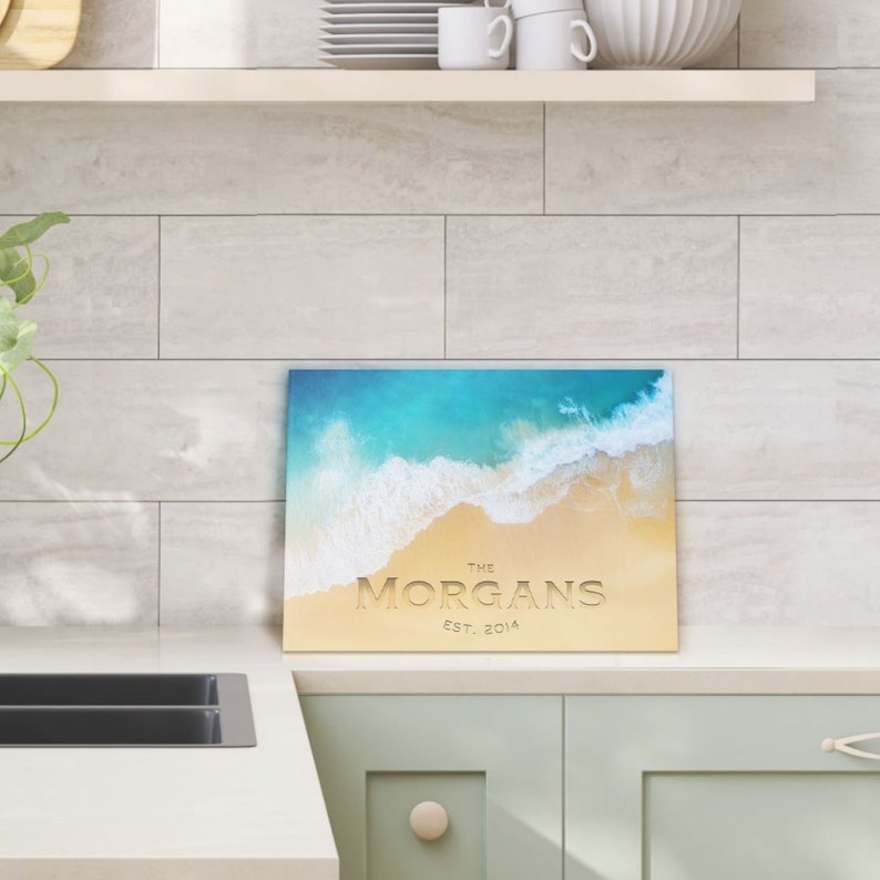 Personalized Ocean Beach Tempered Glass Cutting Board, Custom Monogram ...