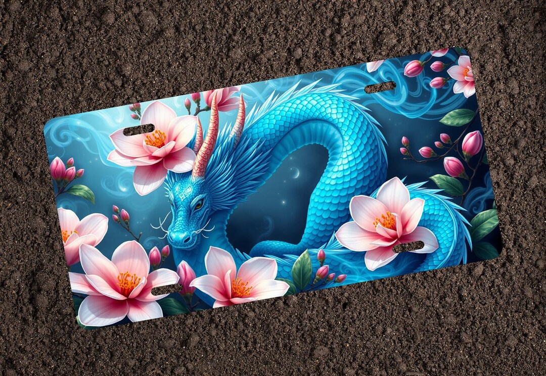Custom Blue Dragon License Plate With Flowers - Unique Car Accessory ...