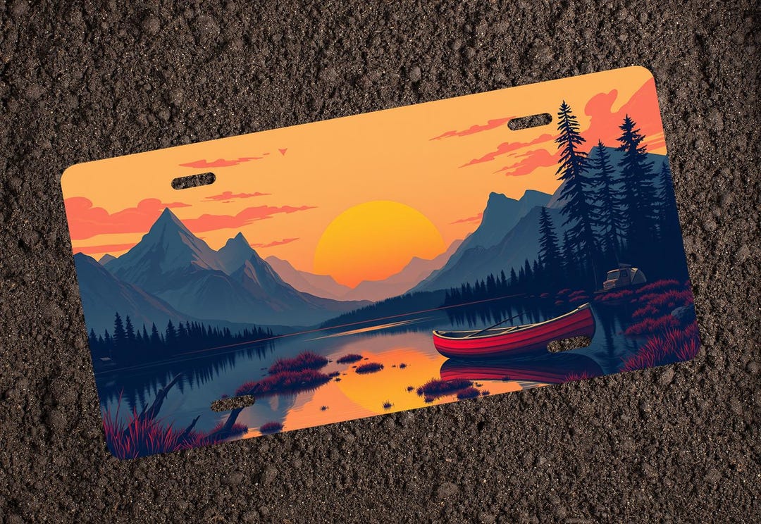 Custom Scenic Mountain License Plate With Sunset and Canoe - Unique Car ...